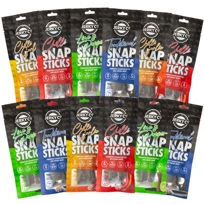 Big Snap Sticks Sampler Pack - 12 x 30g | Australia – The Jerky Co